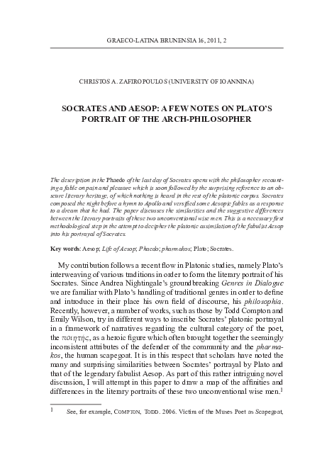 (PDF) Socrates and Aesop : a few notes on Plato's portrait of the arch ...