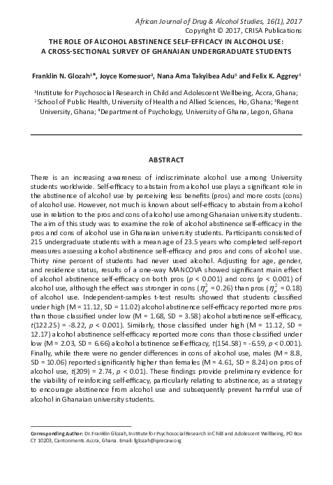 (PDF) The role of alcohol abstinence self-efficacy in alcohol use: a ...