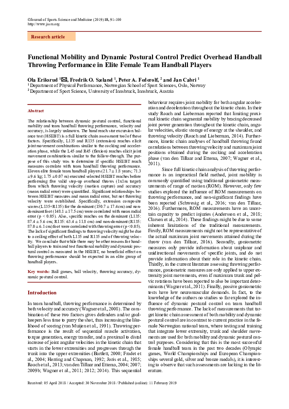 (PDF) Functional Mobility and Dynamic Postural Control Predict Overhead ...