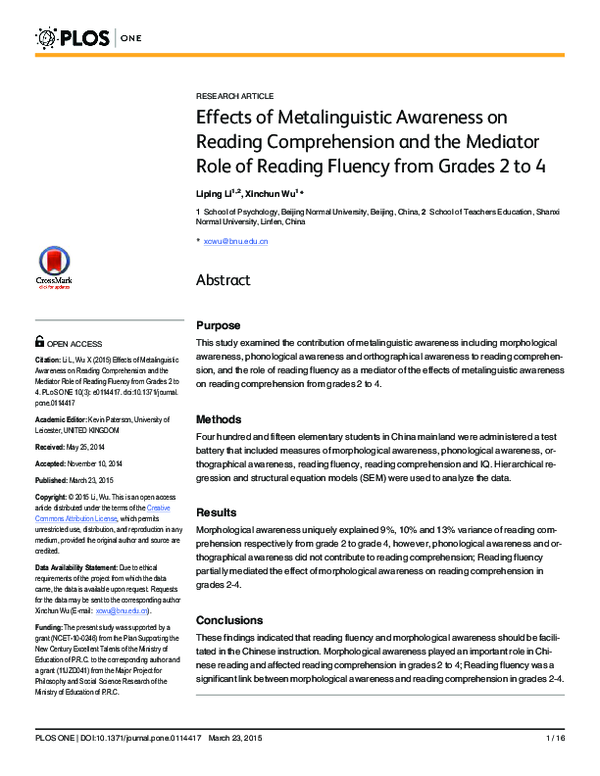 Pdf Effects Of Metalinguistic Awareness On Reading Comprehension And The Mediator Role Of