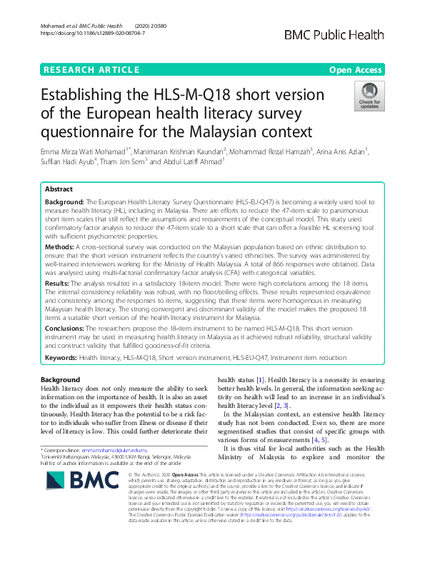 (PDF) Establishing the HLS-M-Q18 short version of the European health ...