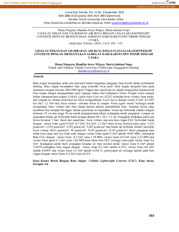 (PDF) Uji Kuat Tekan Dan Uji Serapan Air Bata Ringan Cellular Lightweight Concrete Dengan ...