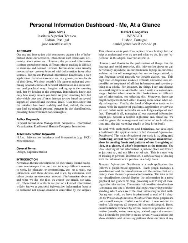 (PDF) Personal Information Dashboard-Me, At a Glance