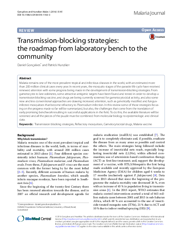 (PDF) Transmission-blocking strategies: the roadmap from laboratory ...