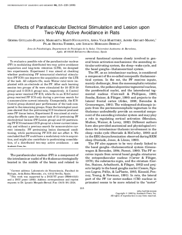 (PDF) Parafascicular Stimulation and Avoidance Learning