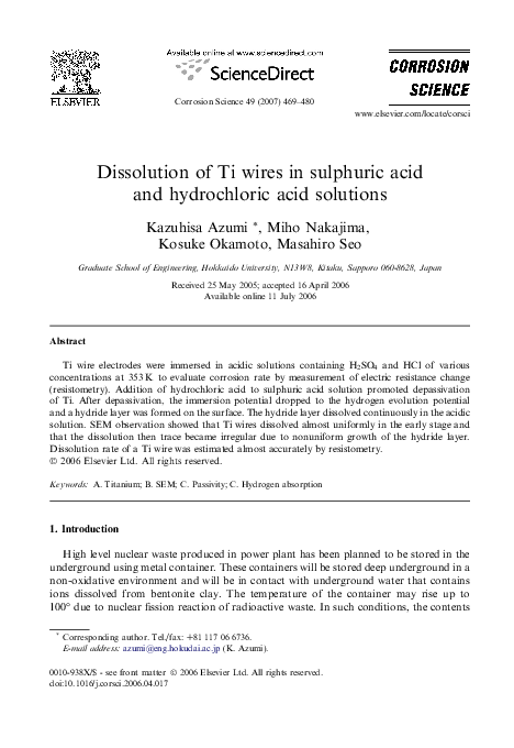 (PDF) Dissolution of Ti wires in sulphuric acid and hydrochloric acid solutions