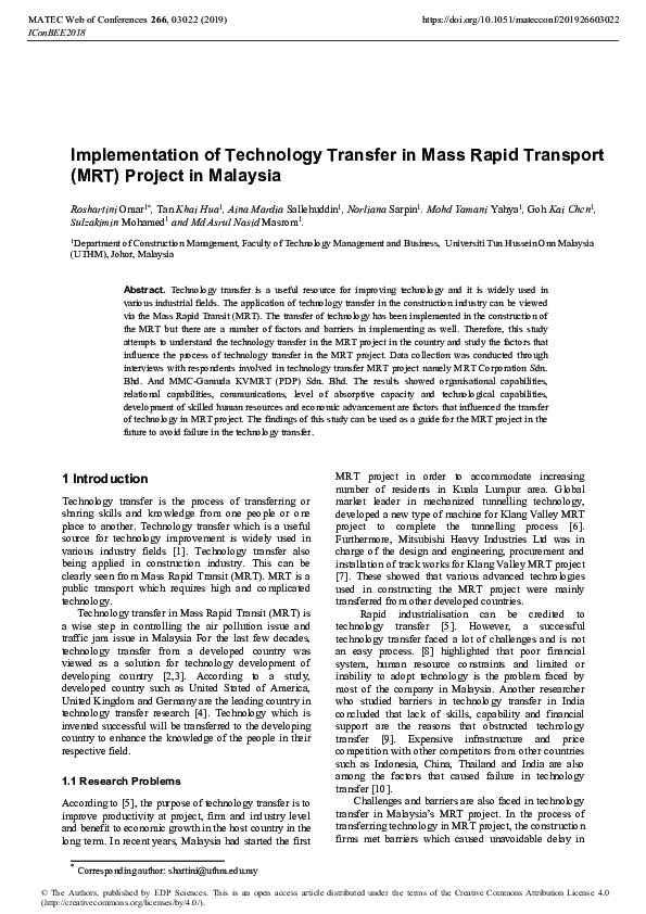 (PDF) Implementation of Technology Transfer in Mass Rapid Transport ...