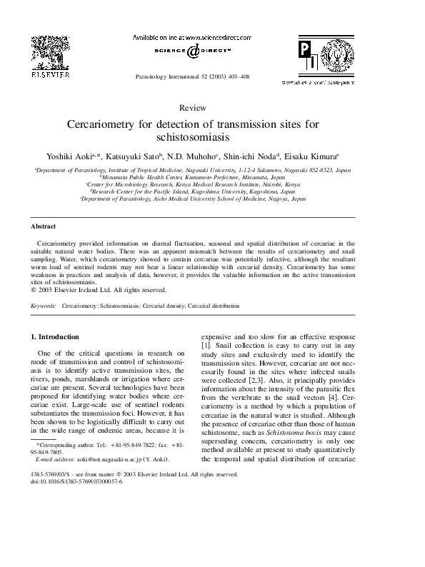 (PDF) Cercariometry for detection of transmission sites for schistosomiasis