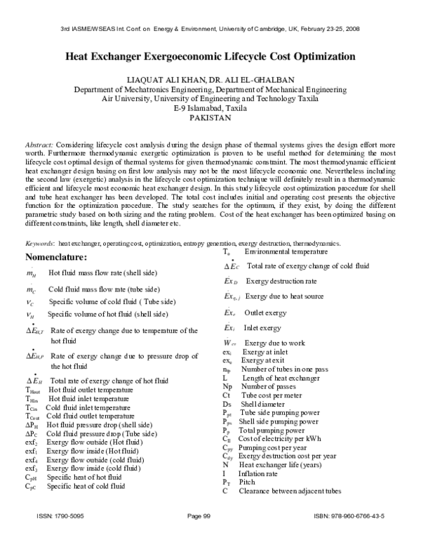 (PDF) Heat exchanger Exergoeconomic lifecycle cost optimization