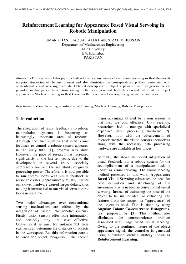 Pdf Reinforcement Learning For Appearance Based Visual Servoing In Robotic Manipulation