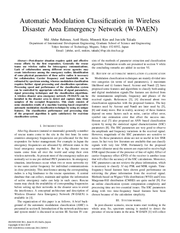 (PDF) Automatic Modulation Classification in Wireless Disaster Area ...