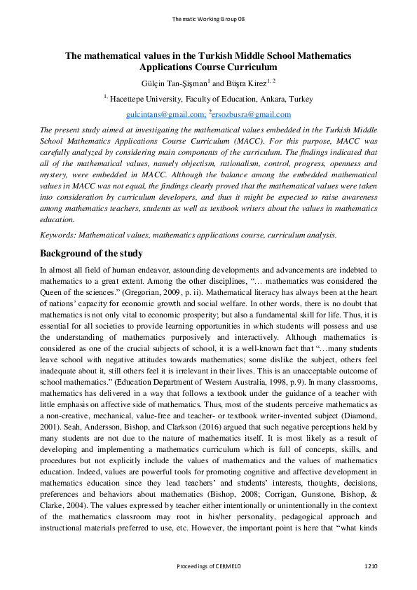 (PDF) The mathematical values in the Turkish Middle School Mathematics ...