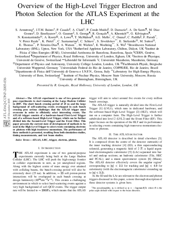 Pdf Overview Of The High Level Trigger Electron And Photon Selection For The Atlas Experiment