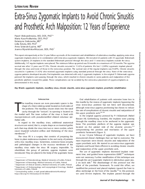 (PDF) Extra-sinus Zygomatic Implants to avoid Chronic Sinusitis and ...