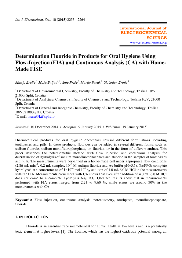 Pdf Determination Fluoride In Products For Oral Hygiene Using Flow Injection Fia And