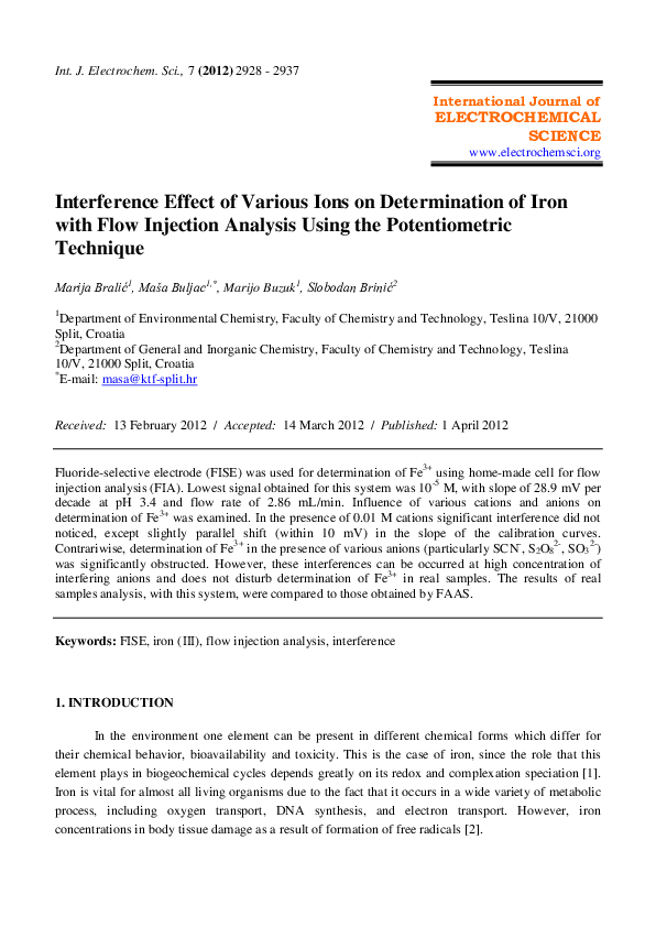 Pdf Interference Effect Of Various Ions On Determination Of Iron With Flow Injection Analysis