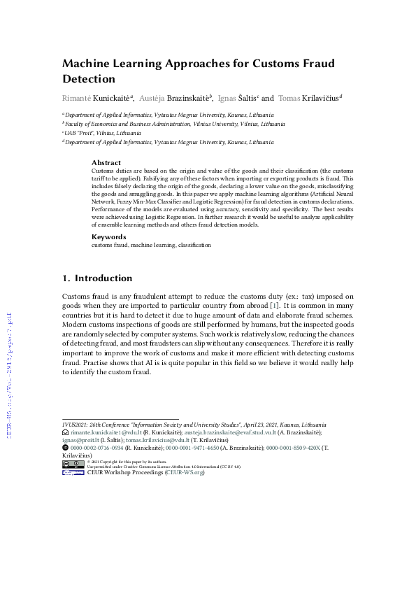 (PDF) Machine Learning Approaches for Customs Fraud Detection | Rimantė ...