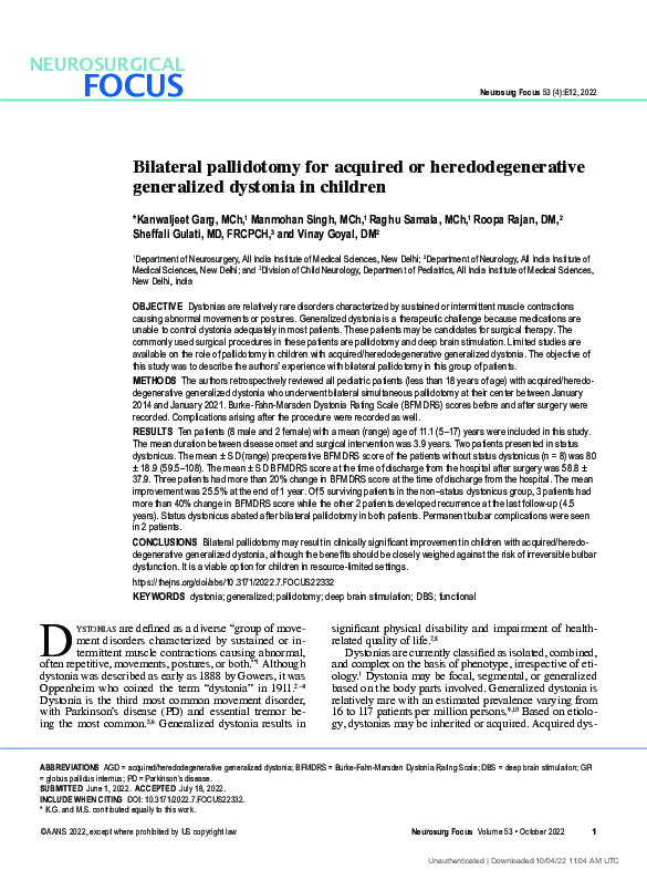 (PDF) Bilateral pallidotomy for acquired or heredodegenerative ...