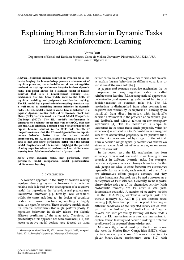 Pdf Explaining Human Behavior In Dynamic Tasks Through Reinforcement