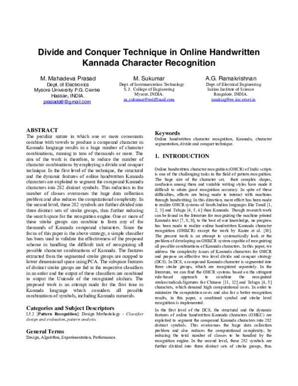 (PDF) Divide and conquer technique in online handwritten Kannada character recognition
