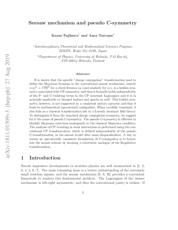 (PDF) Seesaw mechanism and pseudo C-symmetry | Anca Tureanu - Academia.edu