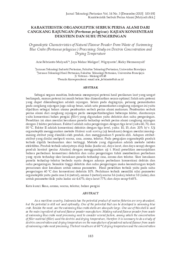 (PDF) Organoleptic Characteristics of Natural Flavour Powder From Waste of Swimming Blue Crabs ...