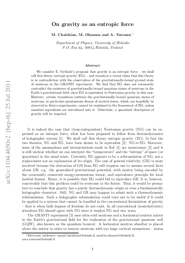 (PDF) On gravity as an entropic force