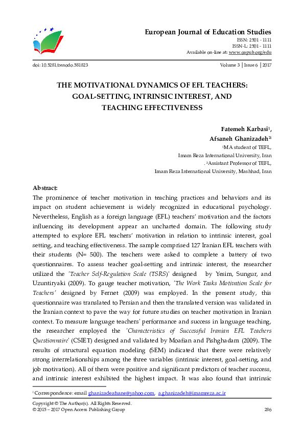 (PDF) The Motivational Dynamics of Efl Teachers: Goal-Setting ...