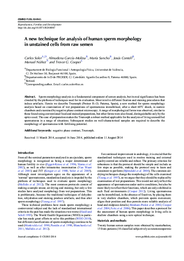 (PDF) A new technique for analysis of human sperm morphology in unstained cells from raw semen