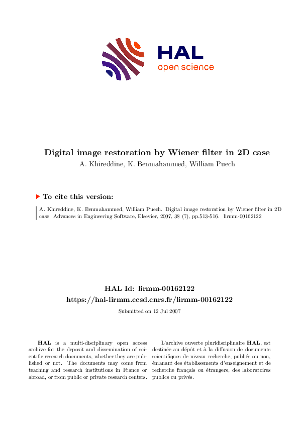 (PDF) Digital image restoration by Wiener filter in 2D case