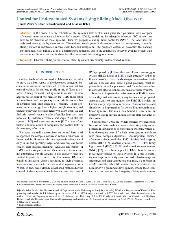 Pdf Control For Underactuated Systems Using Sliding Mode Observer