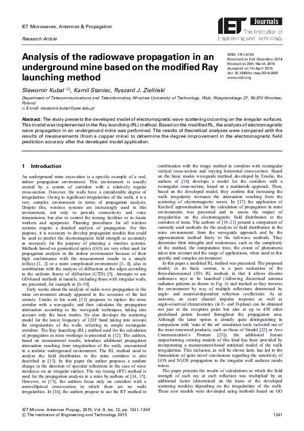 Pdf Analysis Of The Radiowave Propagation In An Underground Mine Based On The Modified Ray