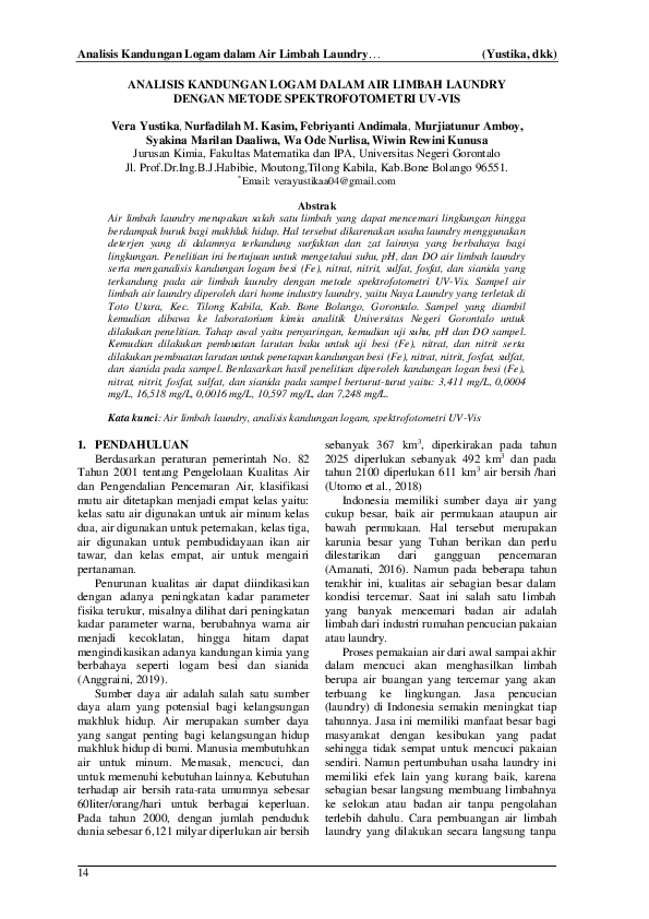 (PDF) Analisis Kandungan Logam Dalam Air Limbah Laundry Dengan Metode Spektrofotometri Uv-Vis