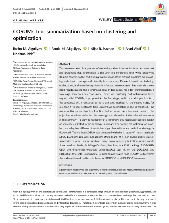 (PDF) COSUM: Text summarization based on clustering and optimization