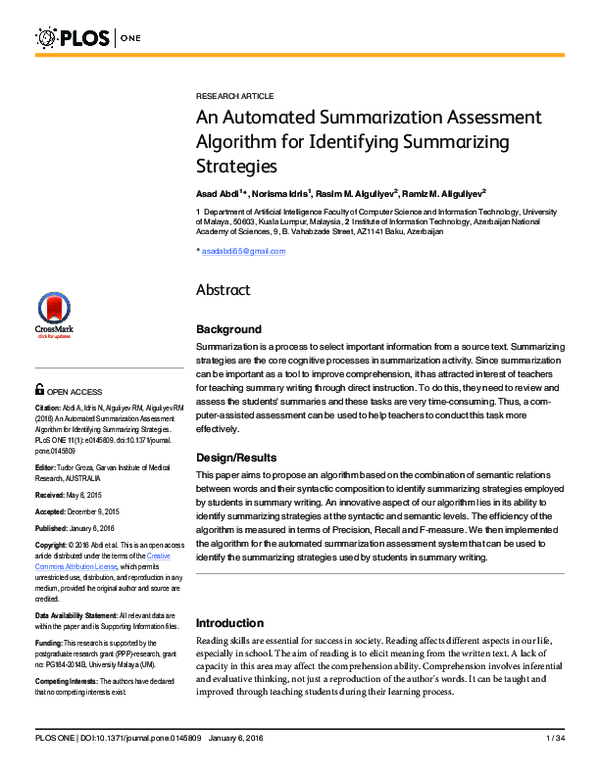 (PDF) An Automated Summarization Assessment Algorithm for Identifying Summarizing Strategies
