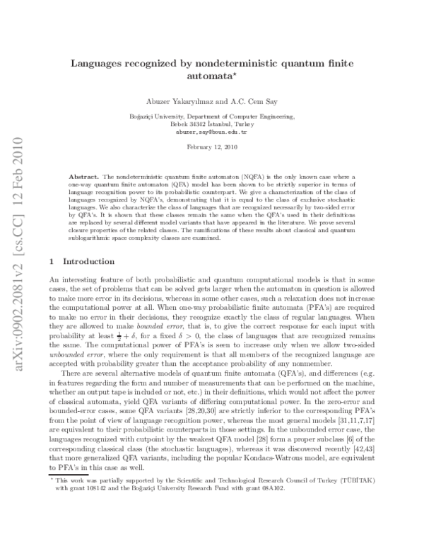 Pdf Languages Recognized By Nondeterministic Quantum Finite Automata