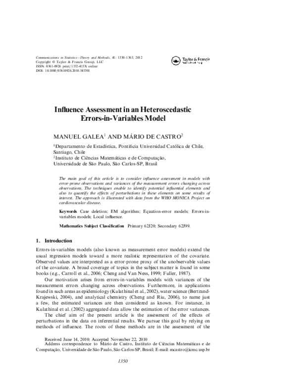 Pdf Influence Assessment In An Heteroscedastic Errors In Variables Model