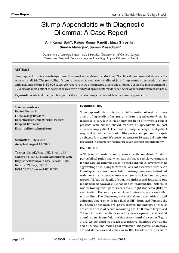 (PDF) Stump Appendicitis with Diagnostic Dilemma: A Case Report ...