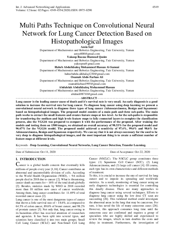 Multi Paths Technique On Convolutional Neural Network For Lung Cancer Detection Based On