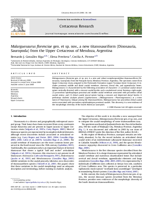 (PDF) Malarguesaurus florenciae gen. et sp. nov., a new titanosauriform ...