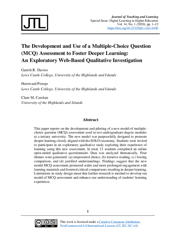 (PDF) The Development and Use of a Multiple-Choice Question (MCQ) Assessment to Foster Deeper ...