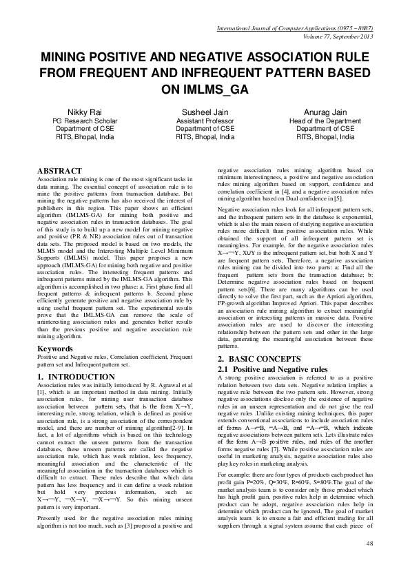 (PDF) Mining Positive and Negative Association Rule from Frequent and Infrequent Pattern based ...