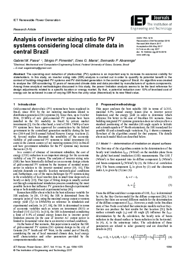 (PDF) Analysis of inverter sizing ratio for PV systems considering ...