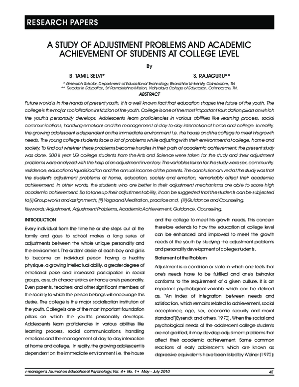 (PDF) A STUDY OF ADJUSTMENT PROBLEMS AND ACADEMIC ACHIEVEMENT OF ...
