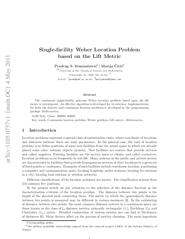 (PDF) Single-facility Weber Location Problem based on the Lift Metric