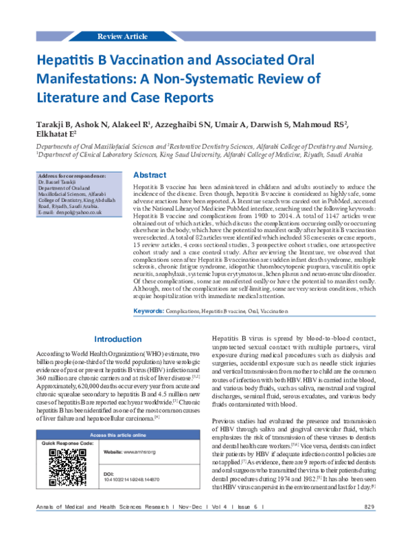 (PDF) Hepatitis B vaccination and associated oral manifestations: A non ...