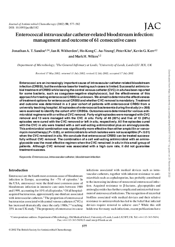 (PDF) Enterococcal intravascular catheter-related bloodstream infection ...
