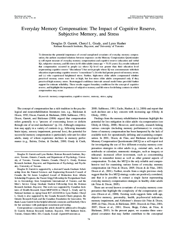 (PDF) Everyday memory compensation: The impact of cognitive reserve, subjective memory, and stress