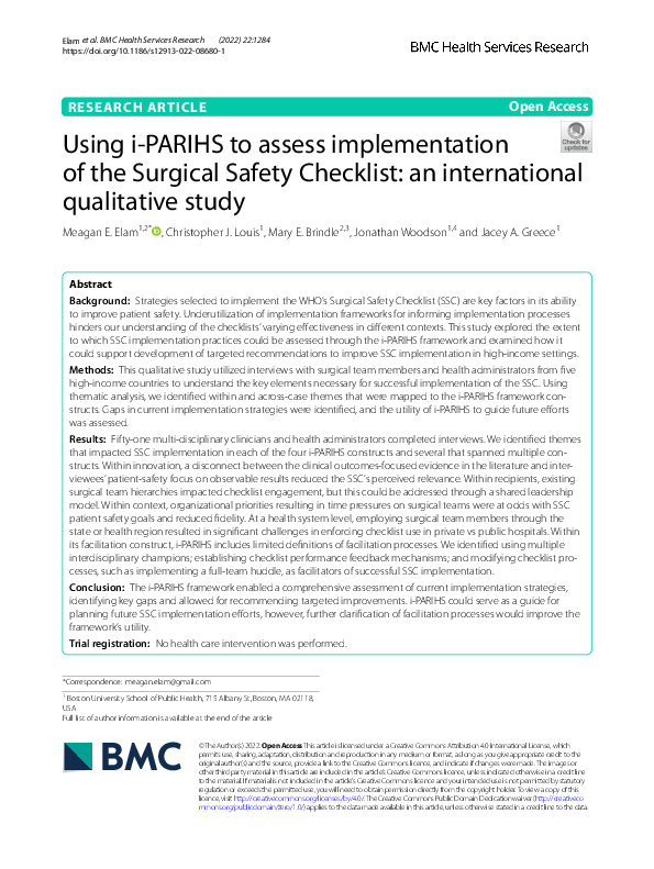 (PDF) Using i-PARIHS to assess implementation of the Surgical Safety ...