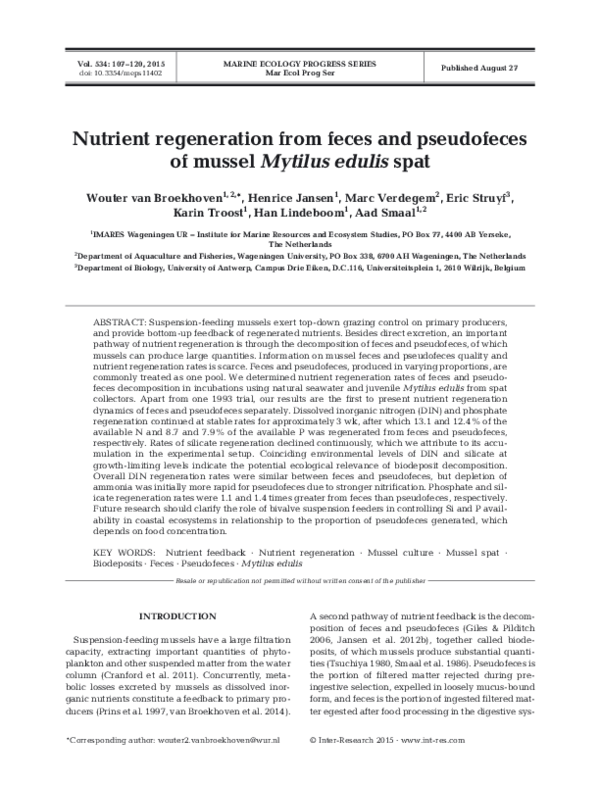 (PDF) Nutrient regeneration from feces and pseudofeces of mussel ...